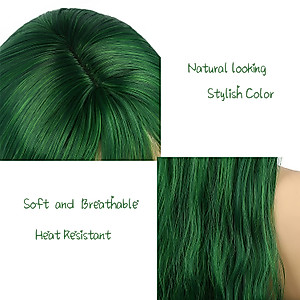 Sallcks Womens Long Curly Wavy Green Wig with Bangs Halloween Cosplay Costume Full Wigs Synthetic Fiber Green Hair Wigs with Wig Cap