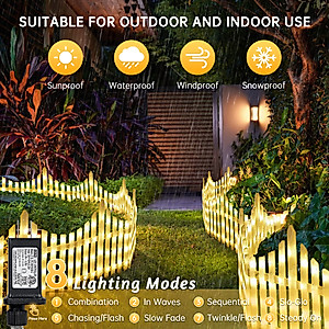 Hopolon 8 Pack 36LED Lighted Garden Fence,13.7x11.8inch Christmas Tree Fence Lights Plug in,8 Modes White Plastic Edgings Picket Decorative Fence for Landscape patio Yard Path Home Xmas,Warm White