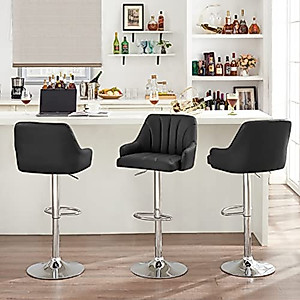 VECELO Bar Stools Set of 2, Adjustable Barstools, Counter Height Stools with Back and Arm, Kitchen Island Stools, Swivel PU Chairs for Pub, Dining Room, Modern Style, Black