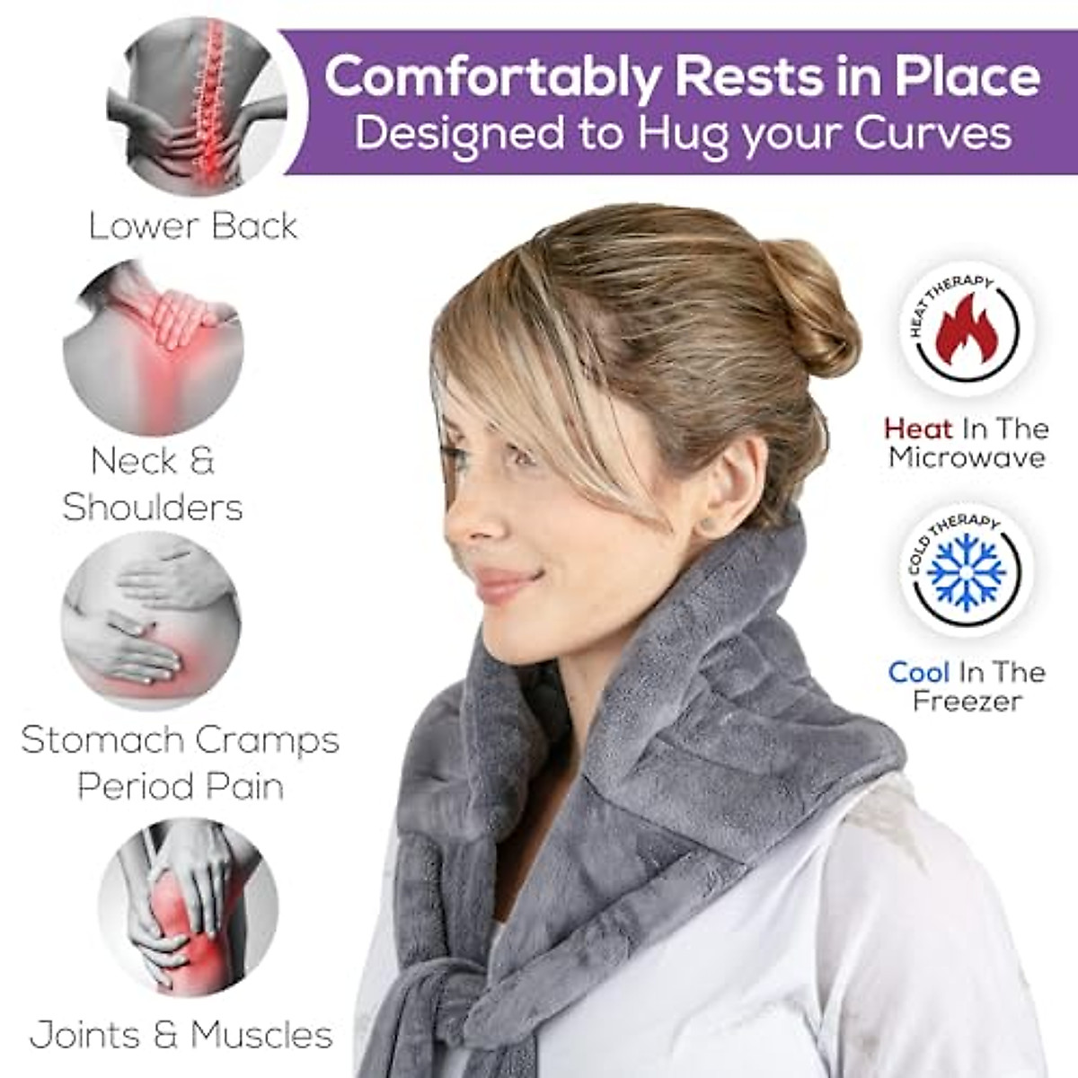 Microwave Heating Pad for Lower Back Pain Relief - Moist Heating Pad for Neck & Shoulders, Cramps, Microwavable Heating Pads 71" Ties, Heat Pack Warm Compress Heat Wrap, Flaxseed Rice Hot Bag (Gray)