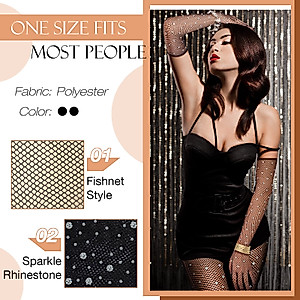 SATINIOR Rhinestone Fishnets Mesh Stockings with Glitter Gloves Black Fishnet Gloves Rhinestone Gloves for Women Girls (Cute Style)