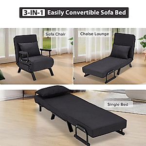 Haddockway 3-in-1 Convertible Sofa Bed Sleeper Chair with Pillow,Folding Versatile Upholstered Armchair,Adjustable Leisure Chaise with 6 Positions,Lazy Bed Lounge Recliner for Home,Office (Black)