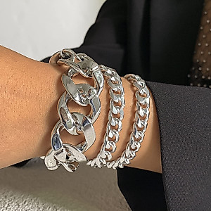 Wiwpar Boho Layered Chunky Bracelets Fashion Layered Link Chain Bracelets Set Adjustable for Women Girls (Silver)