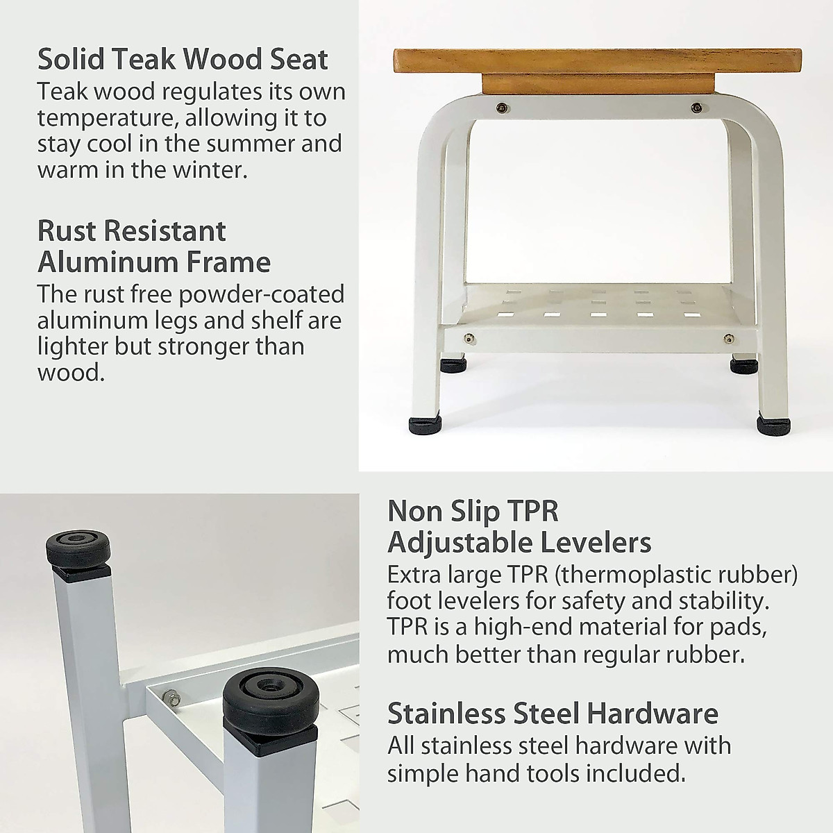 Aman Shower Bench, Teak & Aluminum Shower/Bath/Spa/Patio Stool Bench, Chair/Side Table with Storage Shelf for Indoor/Outdoor, Adjustable TPR Foot Pads, B101/BGE (Light Beige)