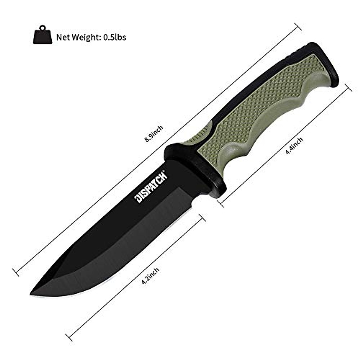 Dispatch Tactical Fixed Blade Knife Bushcraft Survival Hunting Tool, Non-slip Stylish Handle, with Practical Sheath, for Camping, Hunting, Adventure, 9'' Closed