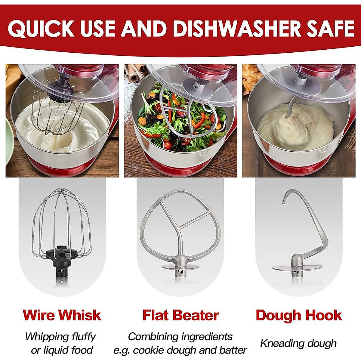 Stand Mixer, COKLAI Electric Mixer, 6 Speed Dough Mixer Metal Lid with Stainless Steel Bowl, Tilt-head Kitchen Mixer with Wire Whisk, Dough Hook, Flat Beater & Splash Guard, Food Mixer for Baking