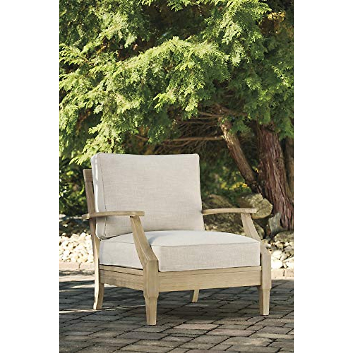 Signature Design by Ashley Clare View Coastal Outdoor Patio Eucalyptus Sofa with Cushions, Beige & Clare View Outdoor Eucalyptus Wood Single Cushioned Lounge Chair, Beige
