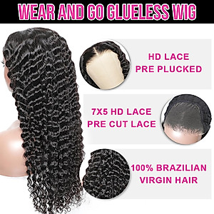 26 Inch Bye Bye Knots Wear and Go Glueless Wigs Human Hair Deep Wave HD 7X5 for Real No Glue Lace Wig, 3D Dome Cap Glueless Wig Pre Plucked, Pre Cut Glueless Wig Natural black 200% Density