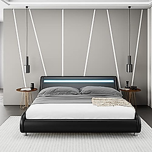 Keyluv Queen Upholstered Smart LED Bed Frame with Headboard, Durable Sleigh Low Profile Platform Bed, Color Changing with Music, App Control, Smart Bedroom Series, Black