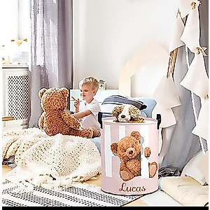Meet Pink Teddy Bear Personalized Freestanding Laundry Basket Clothes Hamper Waterproof,Custom Laundry Collapsible Storage Bins Toys Baskets with Handle for Bedroom Bathroom