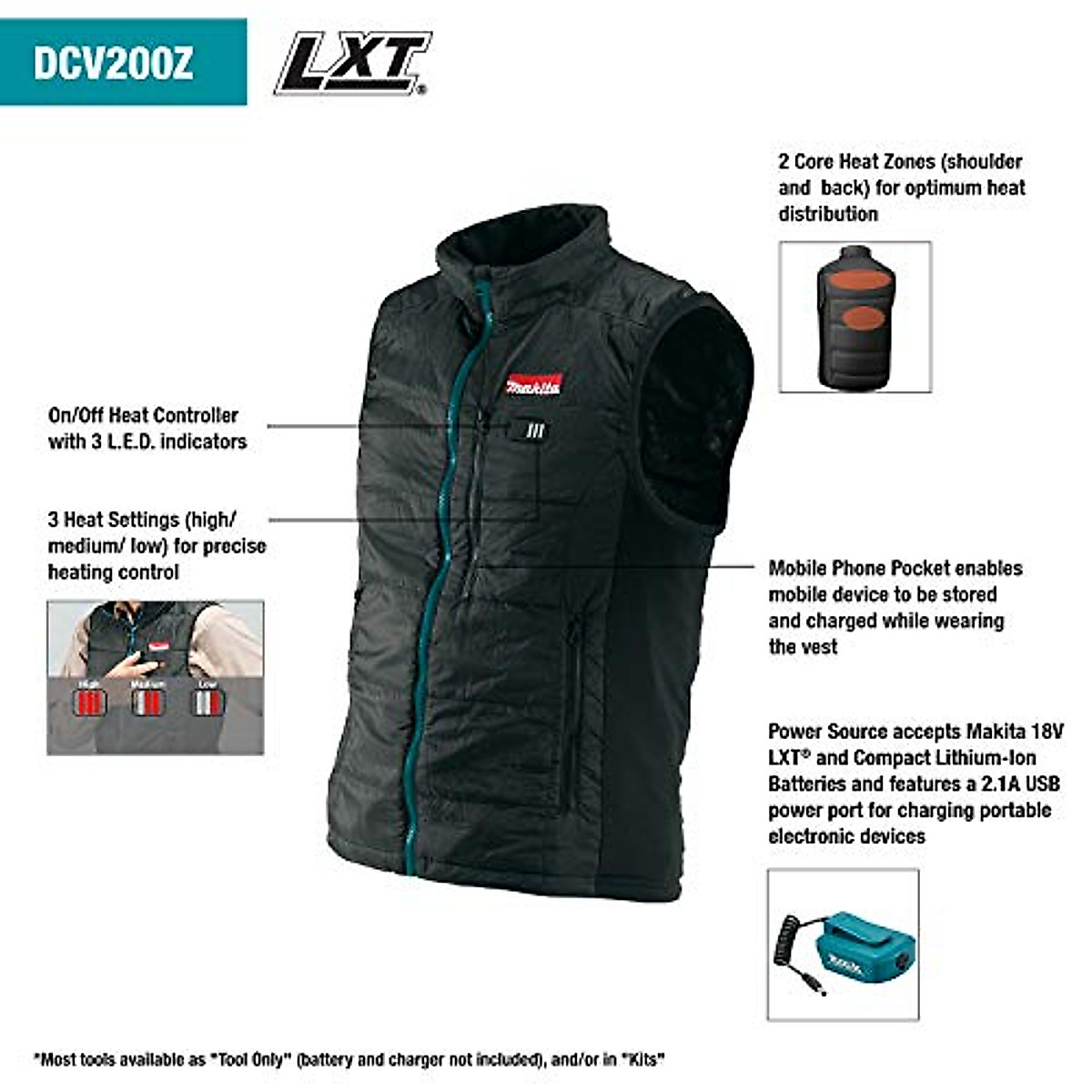 Makita DCV200ZXL 18V LXT Lithium-Ion Cordless Heated Vest Only, X-Large, Black