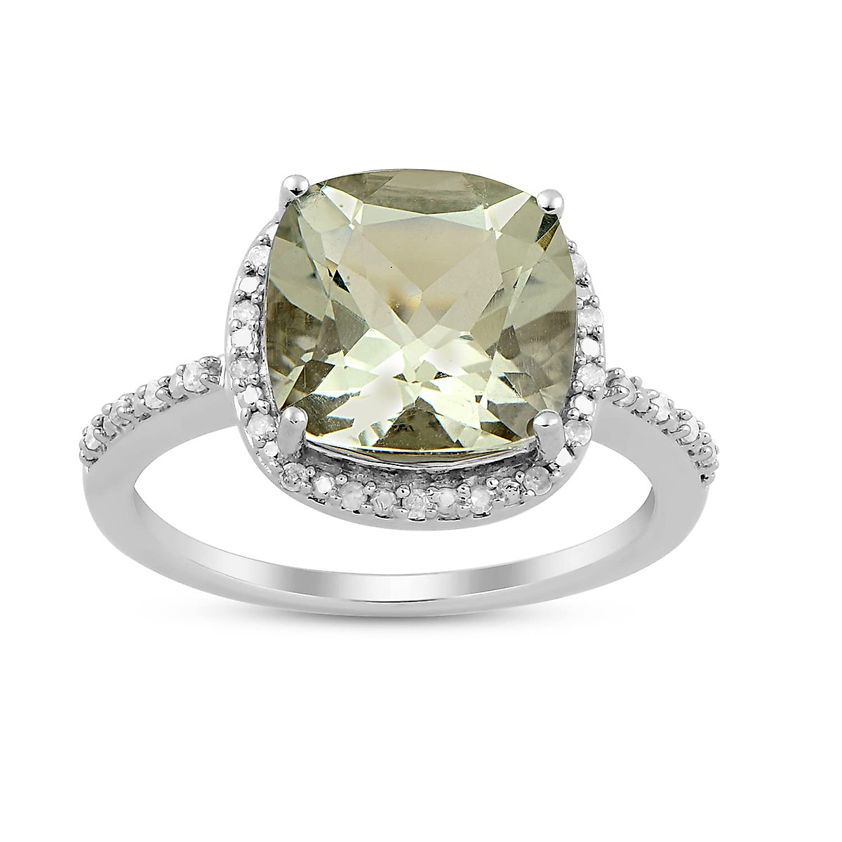 Jewelili Cocktail Ring with Cushion-cut Green Amethyst with White Diamond Halo in Sterling Silver, Size 7
