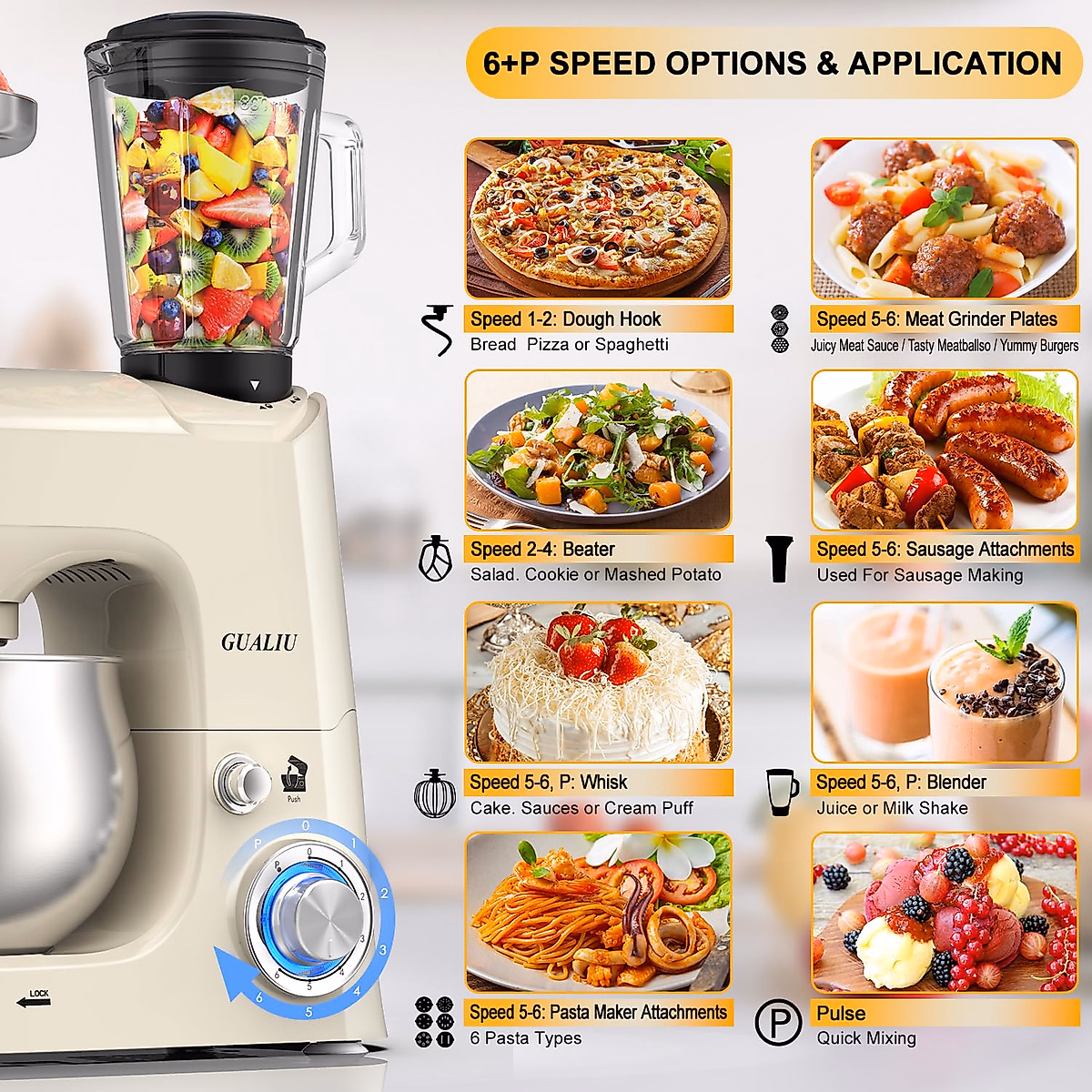 GUALIU 7-IN-1 Stand Mixer, 6+P Speeds Kitchen Electric Mixer, 5.3QT Stainless Steel Bowl Mixer With Dough Hook, Whisk, Beater, Meat Grinder, Blender, Multifunctional Household Kitchen Mixer