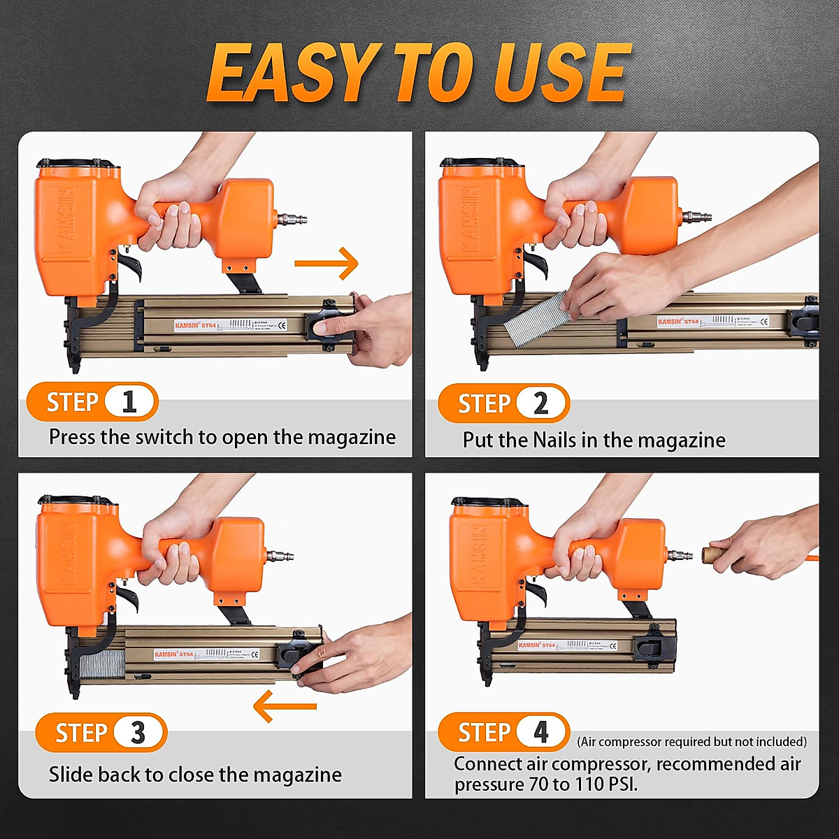 Kamsin ST64 14 Gauge Heavy Duty Pneumatic Concrete T Nailer, Fits 3/4 Inch to 2-1/2 Inch T Nails, Air Power Concrete T Nail Gun/Brad Nailer for Truss Building, Concrete Brick Nailing and Hardwood