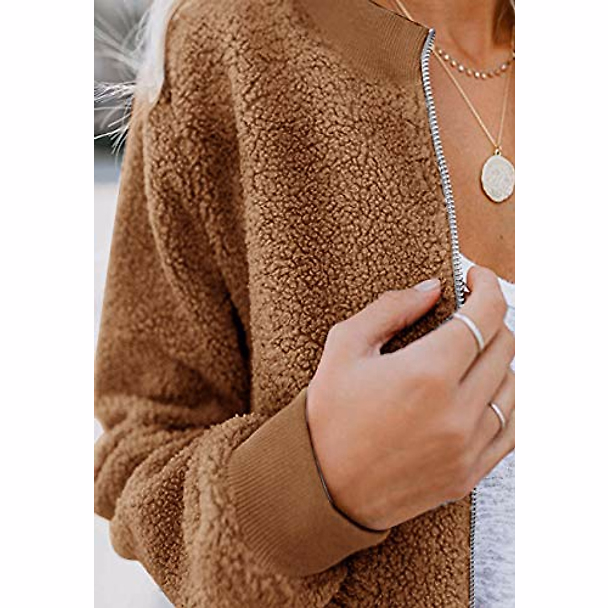 MIROL Women's Sherpa Fleece Jacket Faux Fuzzy Long Sleeve Casual Zip Up Bomber Coat