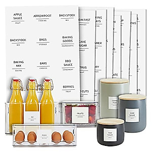 Talented Kitchen 157 Pantry Organization Labels for Food Storage Containers, Preprinted Black All Caps on Matte White Vinyl Stickers + Numbers for Minimalist Kitchen (Water Resistant)