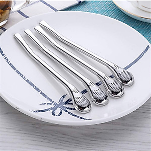 FRUTA Stainless Steel Drinking Straws with Filter Spoon 6 Pcs Reusable Yerba Mate Tea Bombilla Drinking Straws with 2 Pcs Cleaning Brushes Set, 7.1inch/18CM Long