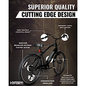 Hyper Bicycles E-Ride 26" Men's 36V Electric Cruiser E-Bike with Pedal-Assist, 250W Motor, Black