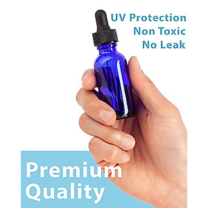 JUVITUS 1 oz / 30 ml Cobalt Blue Glass Boston Round Bottle with Graduated Measurement Glass Dropper (4 pack) + Funnel