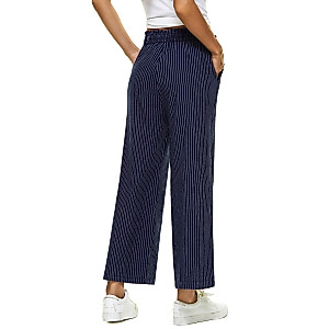 LNX Womens Linen Pants High Waisted Wide Leg Drawstring Casual Loose Trousers with Pockets (X-Large, Striped-Navy)
