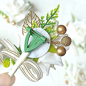 BASIMAN Boutonniere for Men Wedding White Rose Corsage Wristlet Band Bracelet for Women Bride Bridesmaid Wrist Corsage (2Pcs White Rose Set)