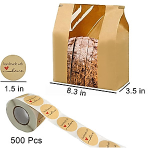 100 Pack Large Kraft Paper Bread Bags for Homemade Bread Loaf Bags 14" x 8.3" x 3.5" with Tin Tie Tab Lock Clear Front Window Bakery Bags Packaging Coffee Cookie Treat Bags with Label Seal Stickers