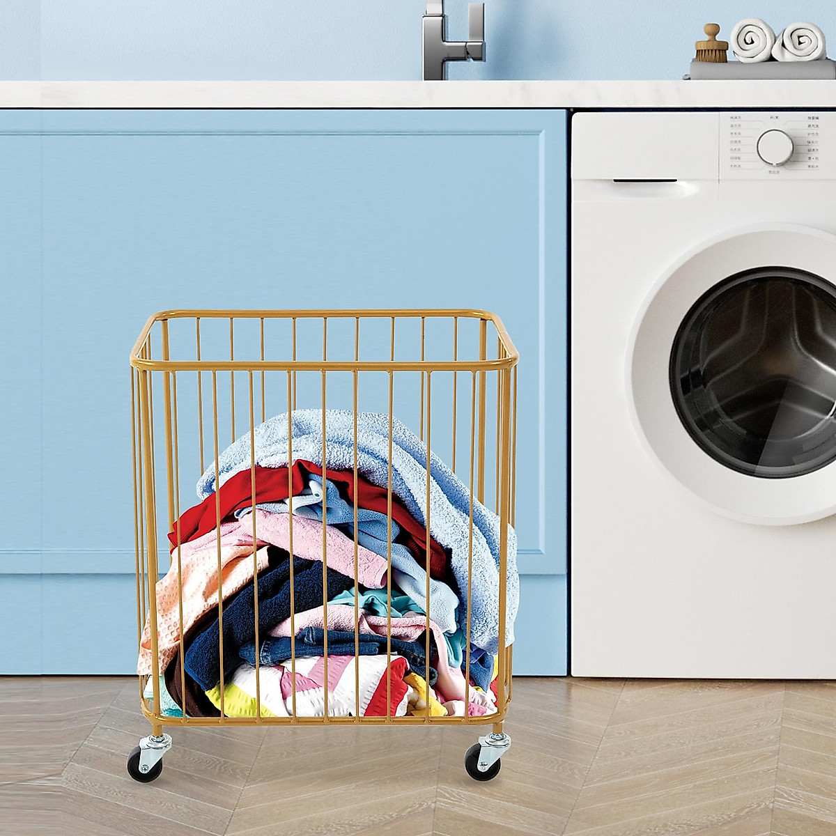 Gold Metal Laundry Hamper with Wheels,Large Capacity Laundry Basket Cart,Rolling Laundry Basket,for Living Room,Bathroom,