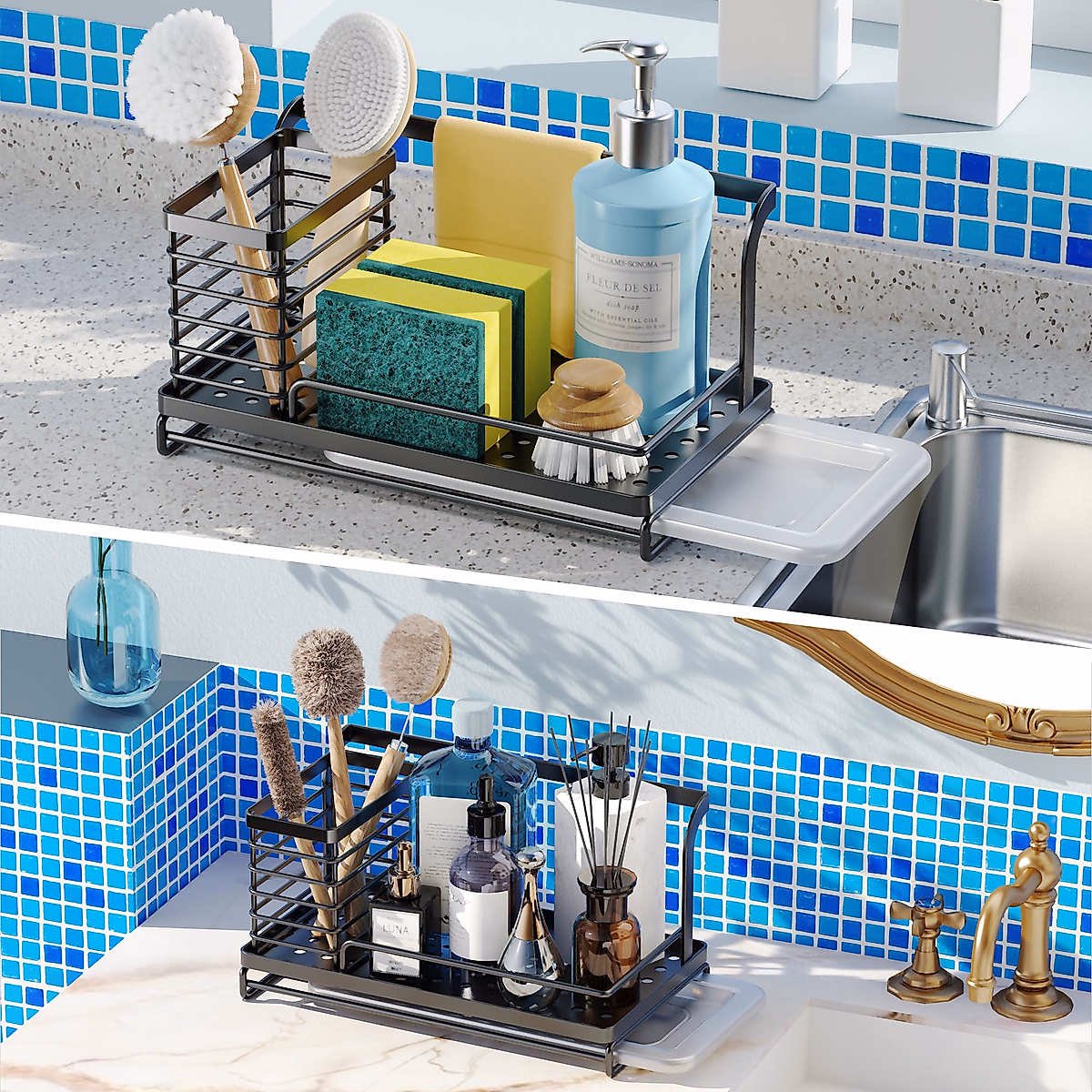 Nieifi Sink Caddy Organizer Countertop Sponge Brush Soap Holder with Drain Pan Stainless Steel for Kitchen Black