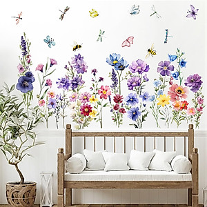 9 Pieces Flowers Wall Decals Flower Decals for Walls Vinyl Flowers Wall Stickers Peel and Stick Removable Butterfly Spring Floral Wall Decals Wall Art Decals Decor for Girls Bedroom Living Room