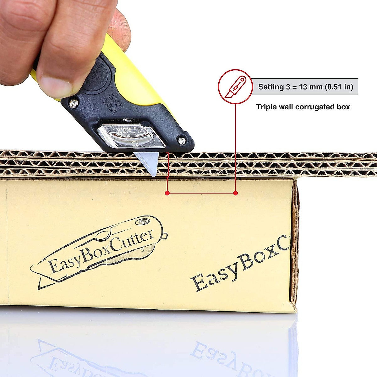 Easy Box Cutter, extra tape cutter at back, dual side edge guide, 3 blade depth setting, 2 blades and holster - Yellow 2000 (Pack of 12)
