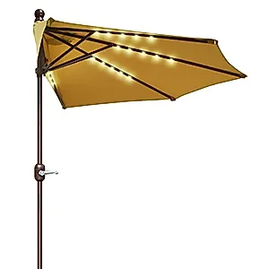 WAHHWF Half Round Patio Umbrella with Lights, 10ft/3m Outdoor Market Table Umbrella for Wall Balcony Deck Garden Porches (Color : Light Brown, Size : 3m/10ft)