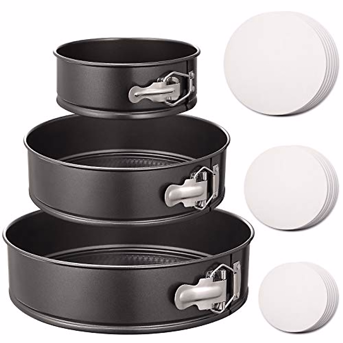 HIWARE Springform Pan Set of 3 Non-stick Cheesecake Pan, Leakproof Round Cake Pan Set Includes 3 Pieces 6" 8" 10" Springform Pans with 150 Pcs Parchment Paper Liners