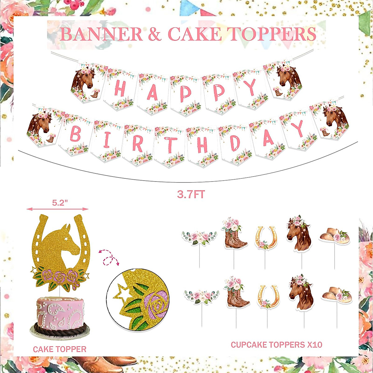 Hombae Horse Party Decorations for Girl, Horse Themed Birthday Backdrop Balloon Garland Artificial Leaves Cutout Happy Birthday Banner Tablecloth Cake Cupcake Topper Floral Horse Pink 126 PCs