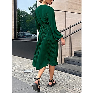 PRETTYGARDEN Women's Spring Midi Dress Long Puff Sleeve Wrap V Neck Flowy Ruffle Pleated Casual Fall Dresses (Dark Green,Medium)