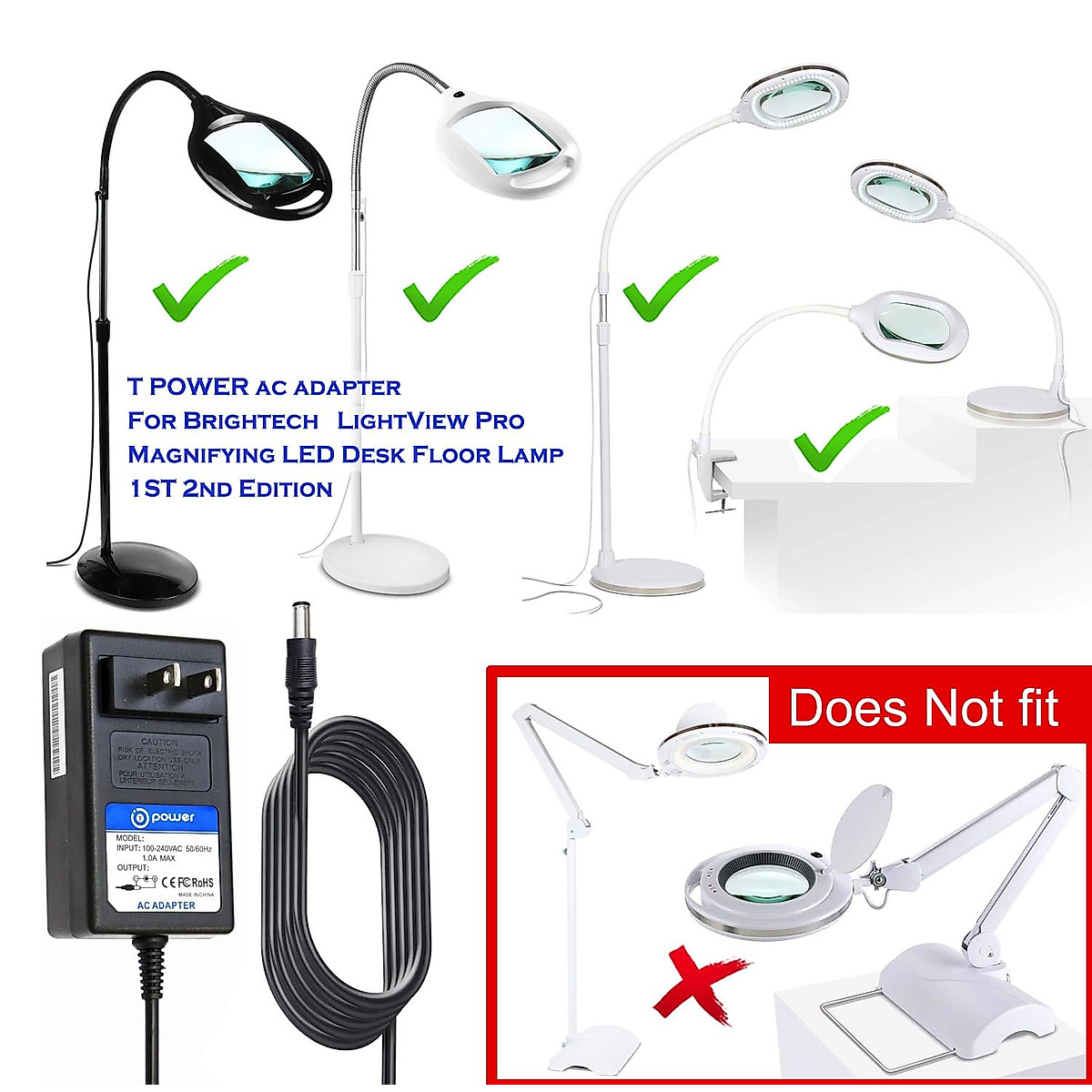 T POWER 19V Charger for Bright tech LightView PRO Superbright Magnifier Floor Lamp & Litespan Serie LED 1ST 2nd Edition Clamp Edition Reading Floor Camp Lamp 12 Watts Ac Adapter Power Supply