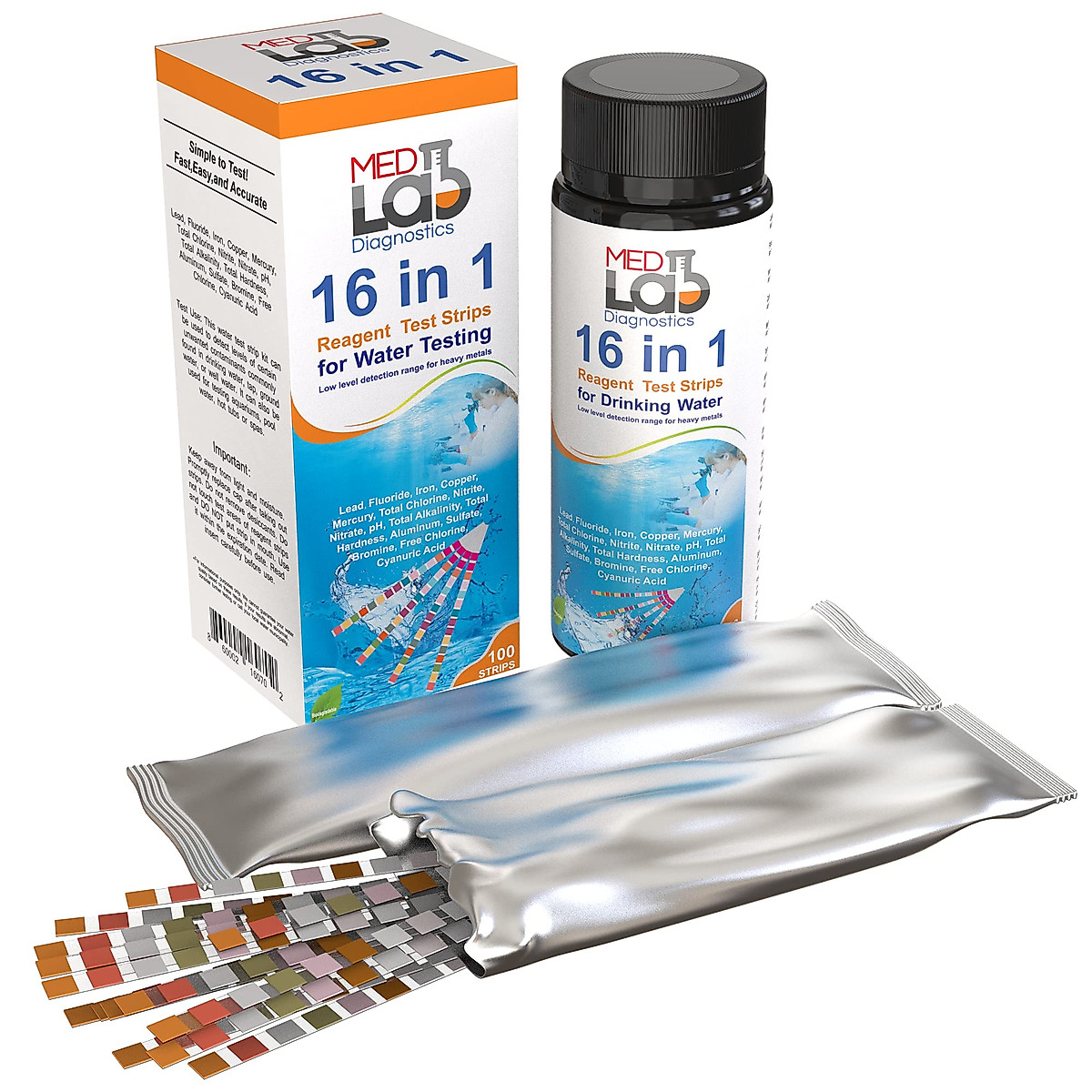 16 in 1 Drinking Water Test Kit Strips, 100 cnt. Home Water Quality Test for Tap Water, Pool, Spa. Strips for Water Hardness, Total Chlorine, Mercury, Lead, Aluminum, Fluoride, Iron, pH and More