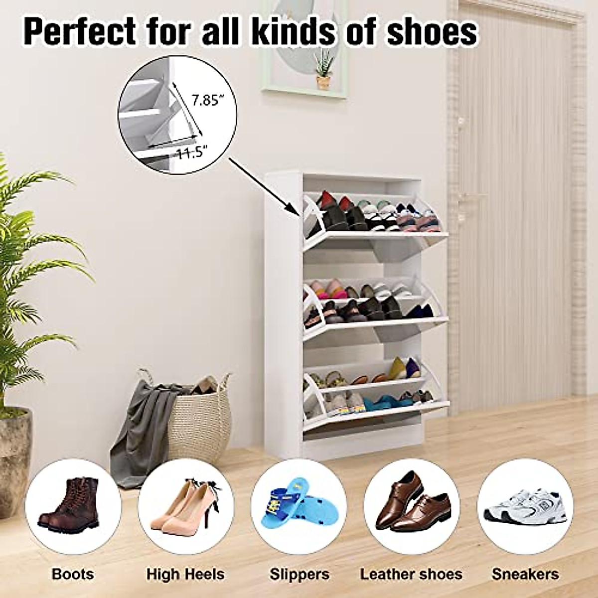 Veemuaro Shoe Cabinet, 3 Flip Drawers Free Standing Shoe Rack with with Mirror, White Wood Slim Shoe Storage Cabinet for Entryway, Hallway, and Corridor, Holds 18 Pair Shoes