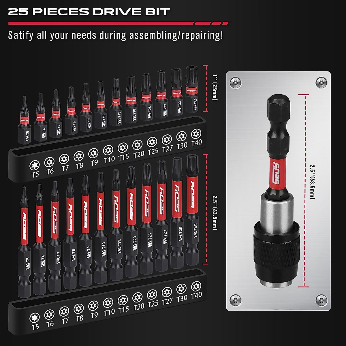 25-piece Torx Bit Set, 1''&2.5'' Security Tamper Proof Torx Impact Screwdriver Bits, T5-T40 CNC Machined Magnetic Tips, S2 Steel Star Bit, High Torque Strength Precision Tools with Storage Box