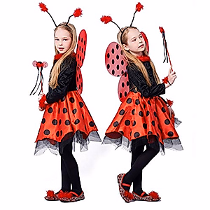 IKALI Girls Ladybug Costume, Halloween Deluxe Animal Fancy Dress Outfit with Wings (10pcs Set) 4-6Y