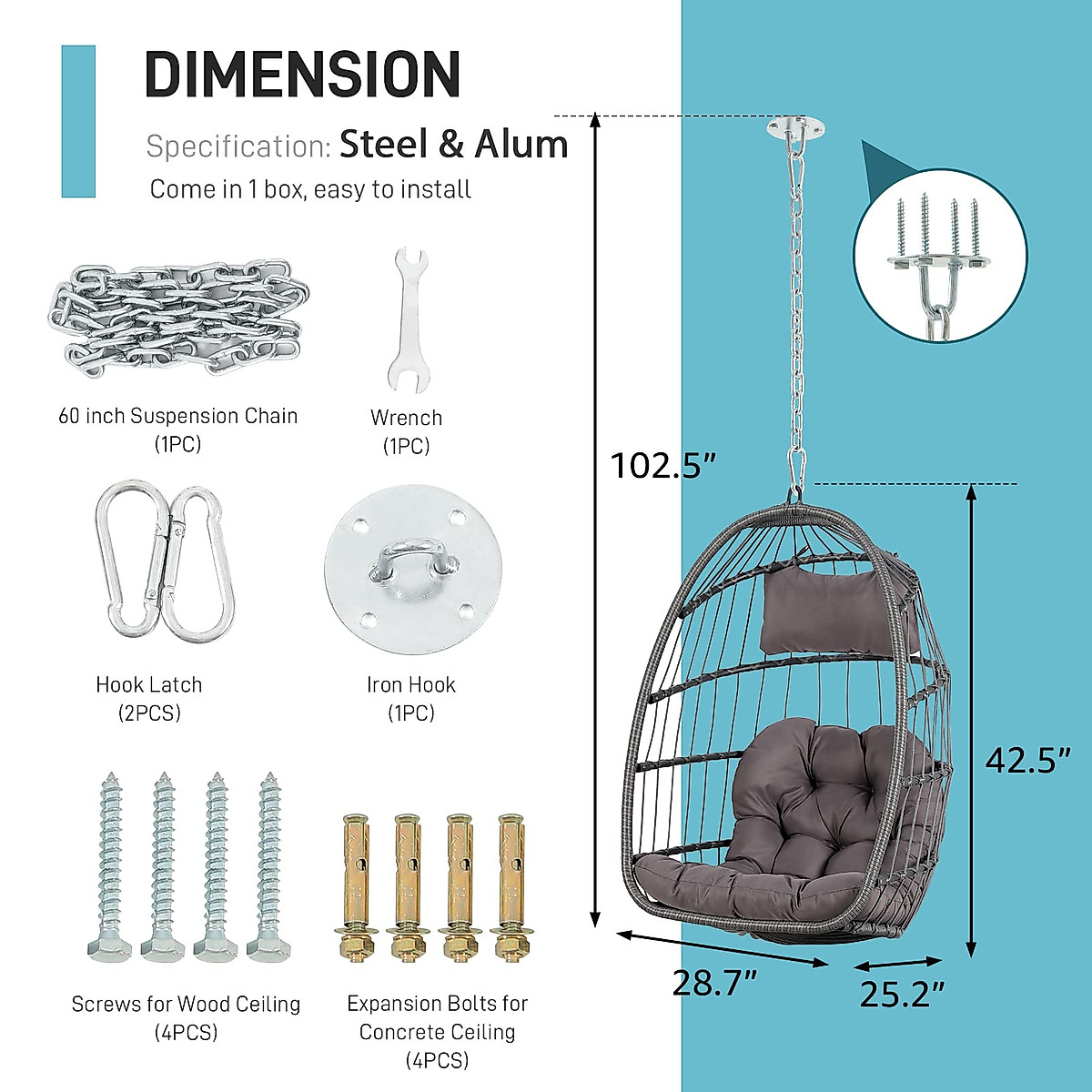 Patiorama Indoor Outdoor Egg Swing Chair with Stand, Patio Grey Wicker Rattan Hanging Chair with Rope Back, Cushion,Cover,All Weather Foldable Hammock Chair for Bedroom, Porch, Garden (Dark Grey)