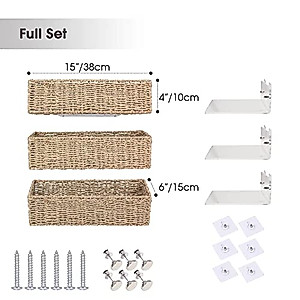 Wall Mounted Wicker Baskets, Seagrass Woven Over-The-Toilet Storage Hanging Bathroom Baskets, Towel Toilet Paper Basket with Wall Bracket (Natural Seagrass, Pack of 3)