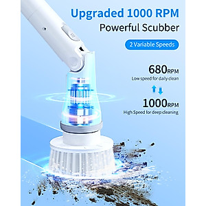 Electric Spin Scrubber, 1000RPM Cordless Extension Shower Cleaning Brush, 4 Replaceable Heads, DS-268B Electric Power Scrubber 49-inch Handheld Cleaner for Bathroom, Toilet, Tile Floors and Tub