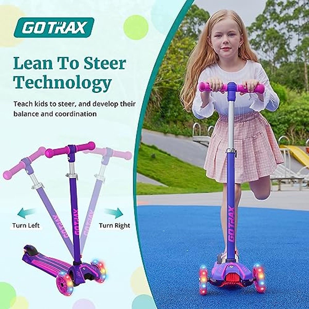 Gotrax KS1 Kids Kick Scooter, LED Lighted Wheels and 3 Adjustable Height Handlebars, Lean-to-Steer & Widen Anti-Slip Deck, 3 Wheel Scooter for Boys & Girls Ages 2-8 and up to 100 Lbs (Purple)