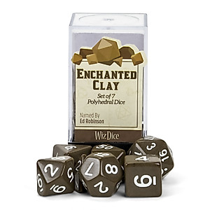 Wiz Dice Enchanted Clay Set of 7 Polyhedral Dice, Solid Army Brown RPG Dice with Clear Display Box