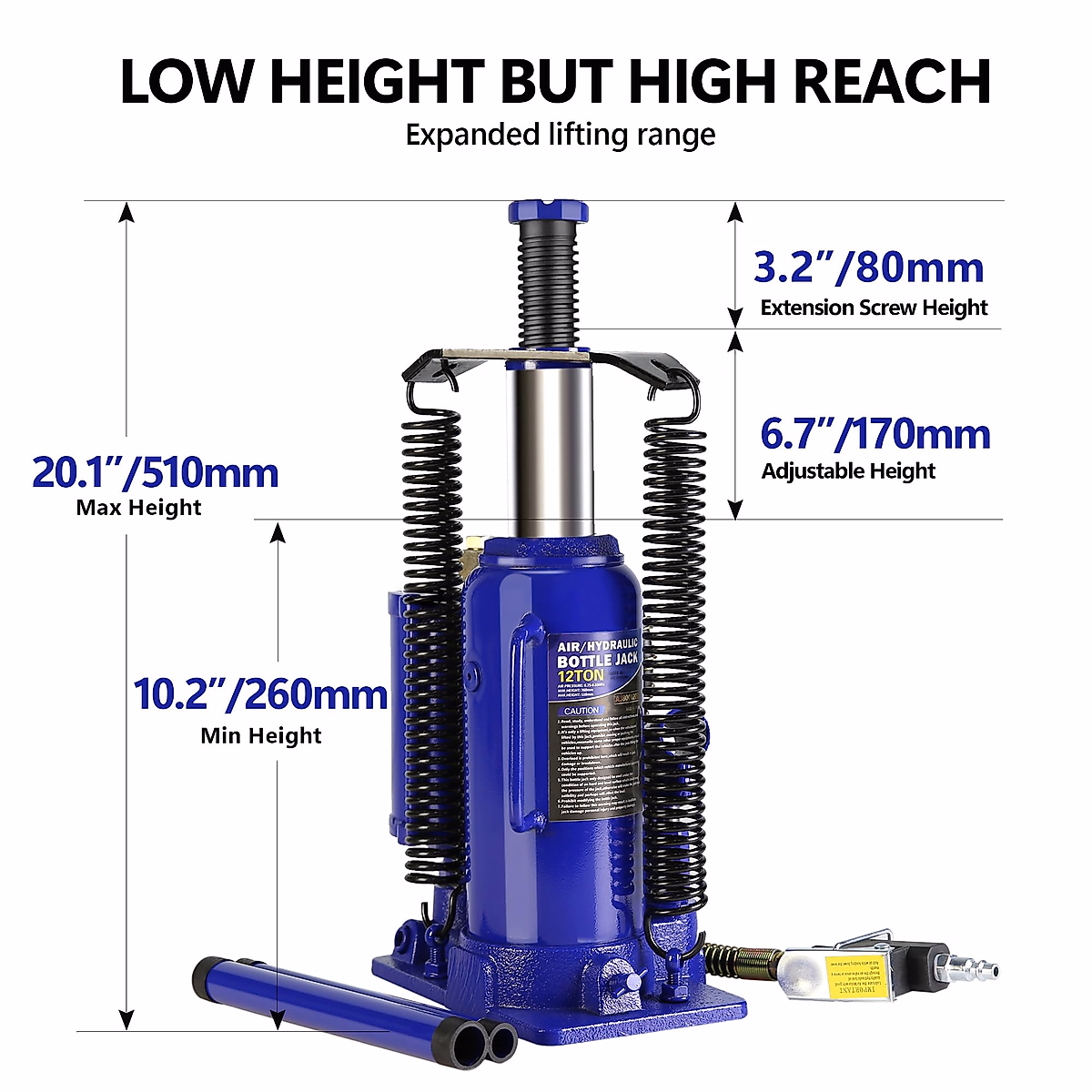 Air Hydraulic Bottle Jack, 12 Ton All Welded Bottle Jack, 10.2-20.1 inch Lifting Range, with 2-Section Long Handle, for Car, Pickup Truck, Truck, RV, Auto Repair, Industrial Engineering (Blue-12 Ton)