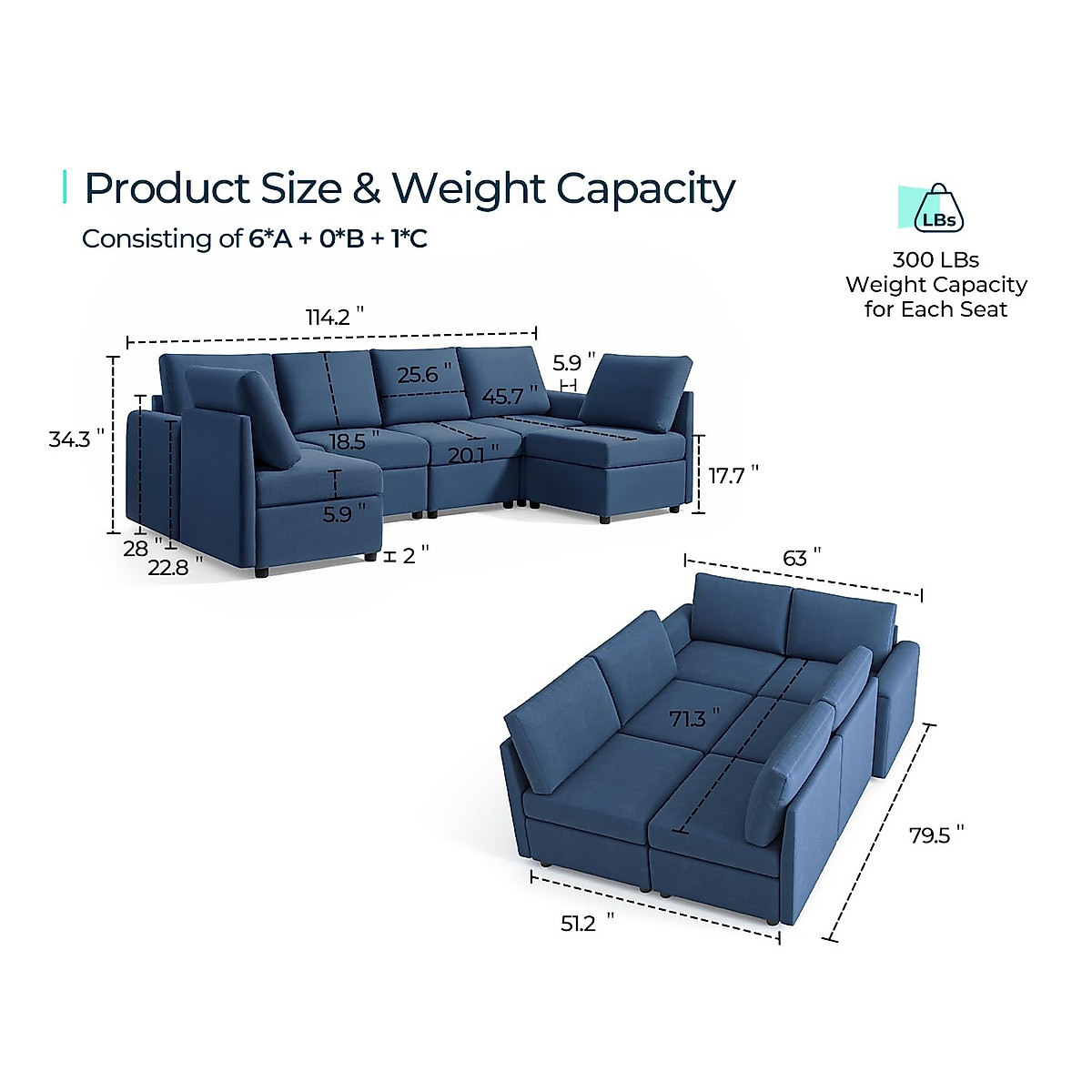 LINSY HOME Modular Sectional Sofa, Convertible U Shaped Couch with Storage, Memory Foam, Sectionals Ottomans, 6 Seat Oversized Chaise for Living Room, Blue, S900-C11-60