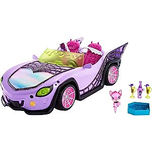 Monster High Toy Car, Ghoul Mobile with Pet & Cooler Accessories, Purple Doll-Sized Convertible with Spiderweb Details