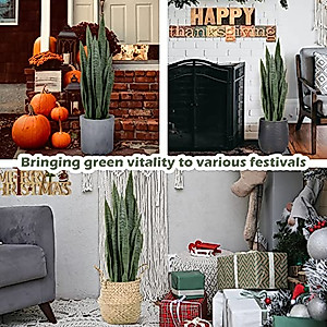 Worth Garden 3ft Artificial Snake Plant Fake Sansevieria Indoor Outdoor, 28 Thick Leaves Lifelike Faux Silk Plant, Home Decor Mother in Law Tongue Plant 35in, Black Pot & 20g Dry Moss Included, Green