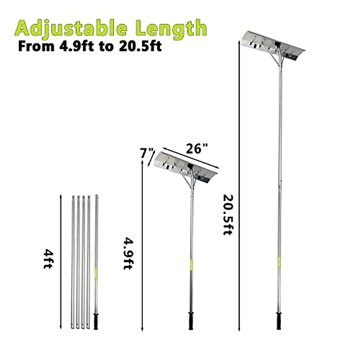 MYTOL 20.5ft Aluminum Snow Roof Rake, Extendable Snow Rake for Roof with 26 Inch Blade, Scratch-Free, Extension Tubes & Anti-Skid Handle, Lightweight Roof Snow Rake for Snow, Leaves, Debris Removal