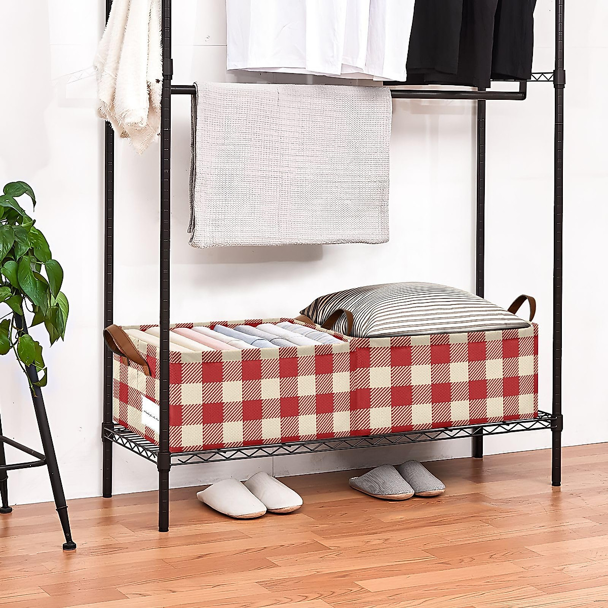 susiyo Stylish Retro Red Checkered Plaid Pattern Fabric Storage Baskets Small Storage Bins with Handles - 1 Piece